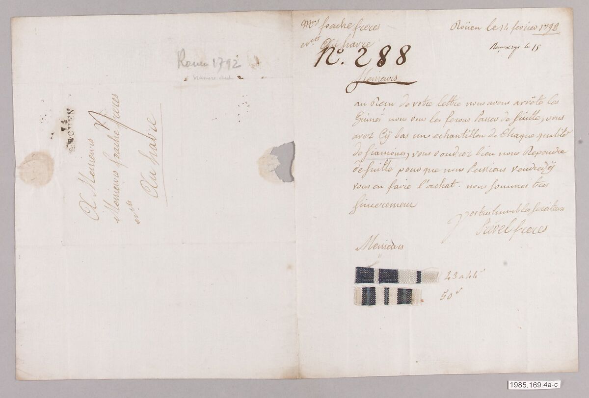 Letter with textile samples - French - The Metropolitan Museum of Art