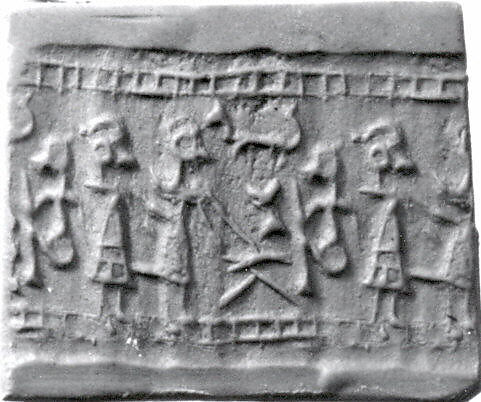 Cylinder seal and modern impression: kneeling archer and goats flanking ...