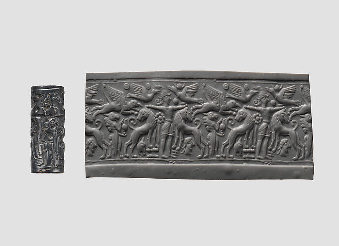 Cylinder seal and modern impression: mistress of animals flanked by ...