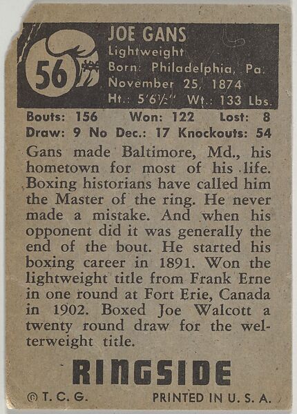 Issued by Topps Chewing Gum Company - Joe Gans, Lightweight Champion ...