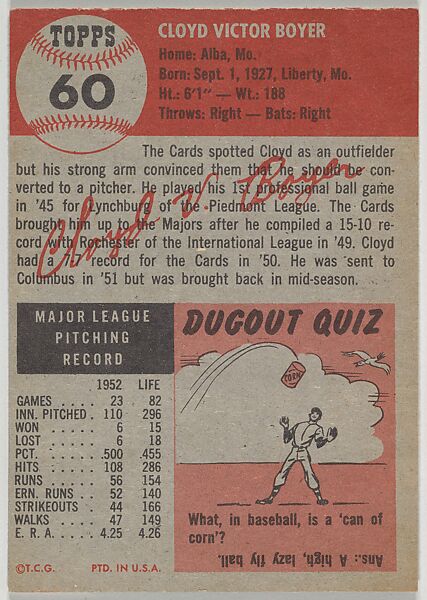 Issued by Topps Chewing Gum Company - Card Number 60, Cloyd Boyer ...