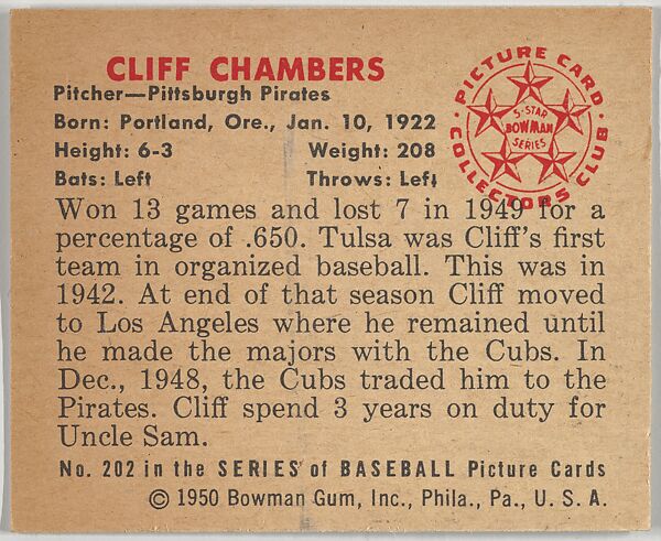 Issued by Bowman Gum Company - Cliff Chambers, Pitcher, Pittsburgh ...