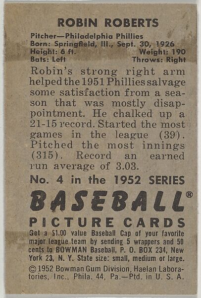 Issued by Bowman Gum Company - Robin Roberts, Pitcher, Philadelphia ...