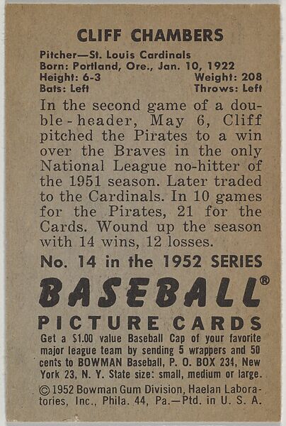 Issued by Bowman Gum Company - Cliff Chambers, Pitcher, St. Louis ...
