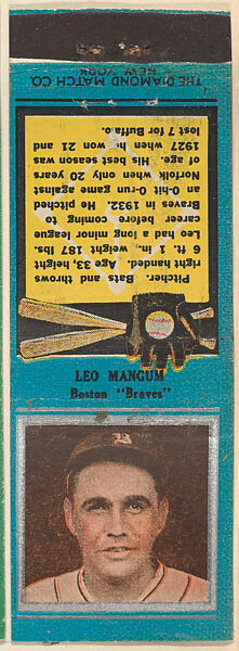 The Diamond Match Company - Leo Mangum, Boston Braves, from the ...