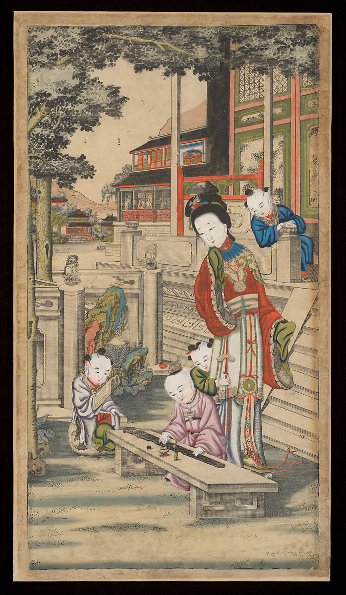 Woman teaching children to play the guqin zither, from four-print set ...
